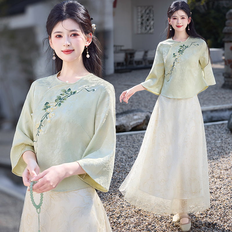 Lookbook Series Plus Size Printing Hanfu 8008+8009 Green Beige – Hanfu Shop